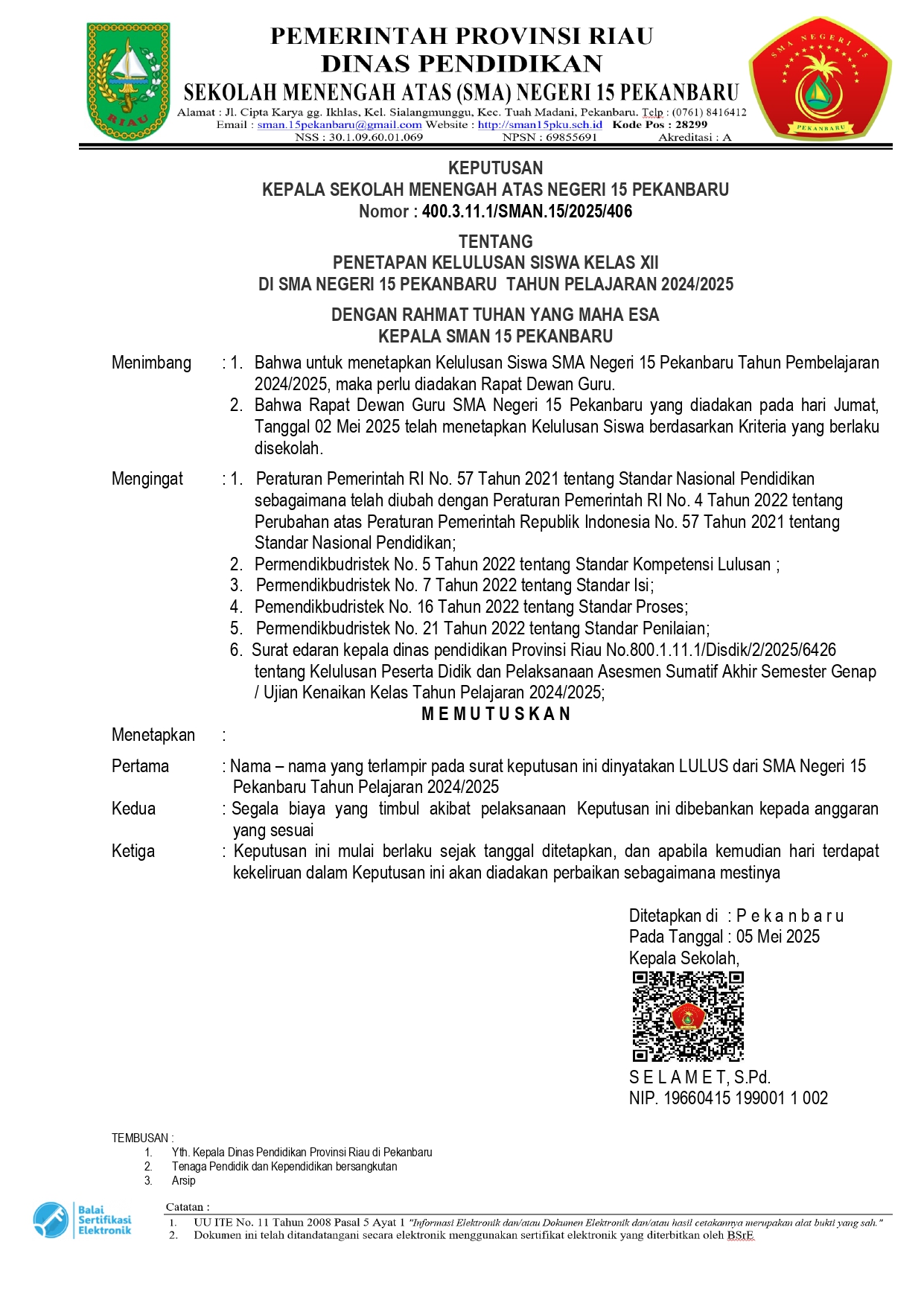 Pengumuman Kelulusan Siswa-Siswi Kelas XII SMA Negeri 15 Pekanbaru T.P 2024/2025 - SMA Negeri 15 ...